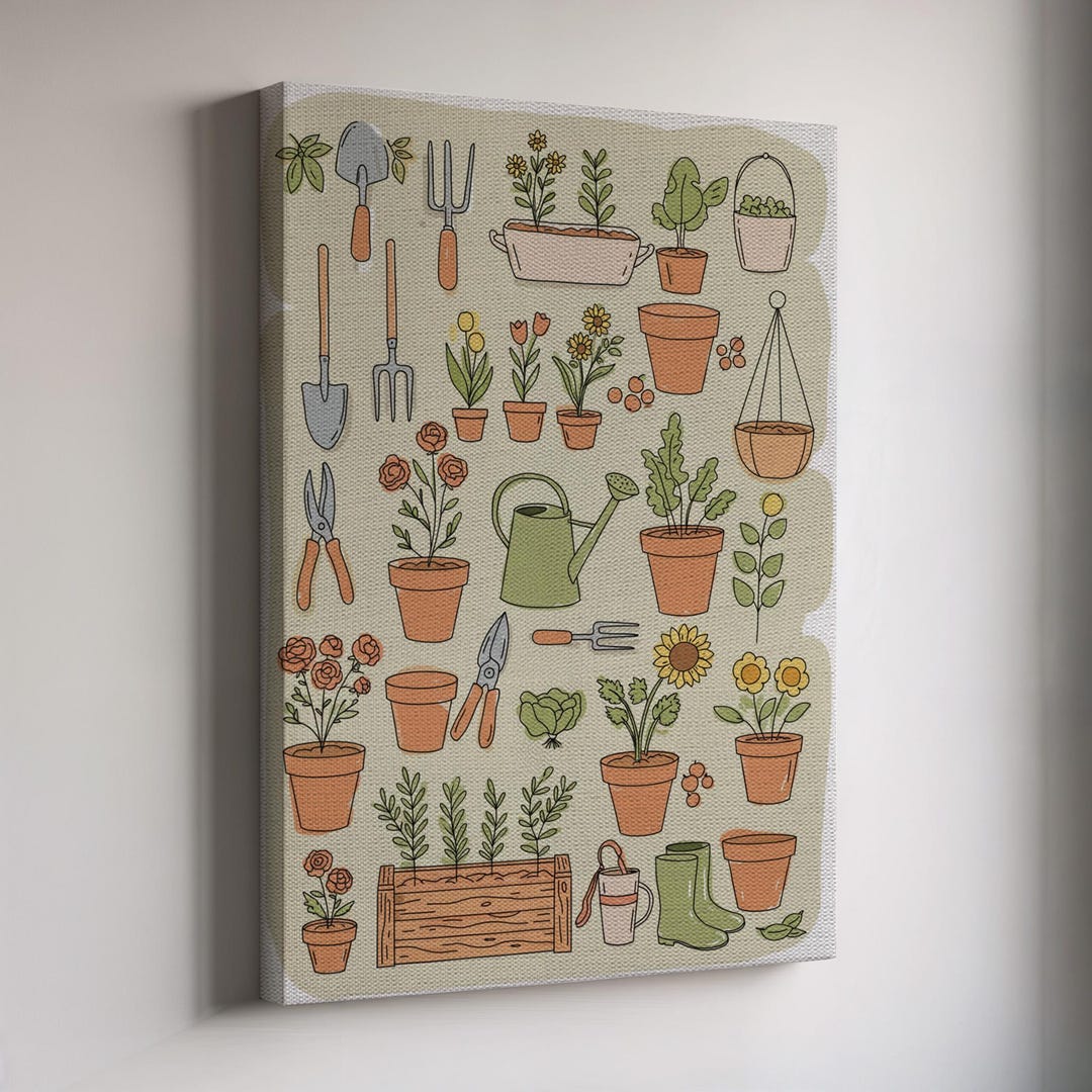 Gardening Wall Art – Illustrated Botanical Canvas With Pots, Plants ...