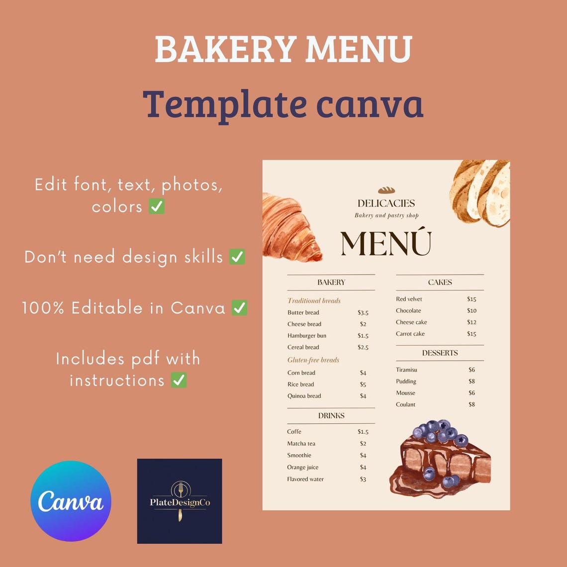 Editable Bakery Menu Template, Coffee Shop & Pastry Menu, Dessert Menu ...