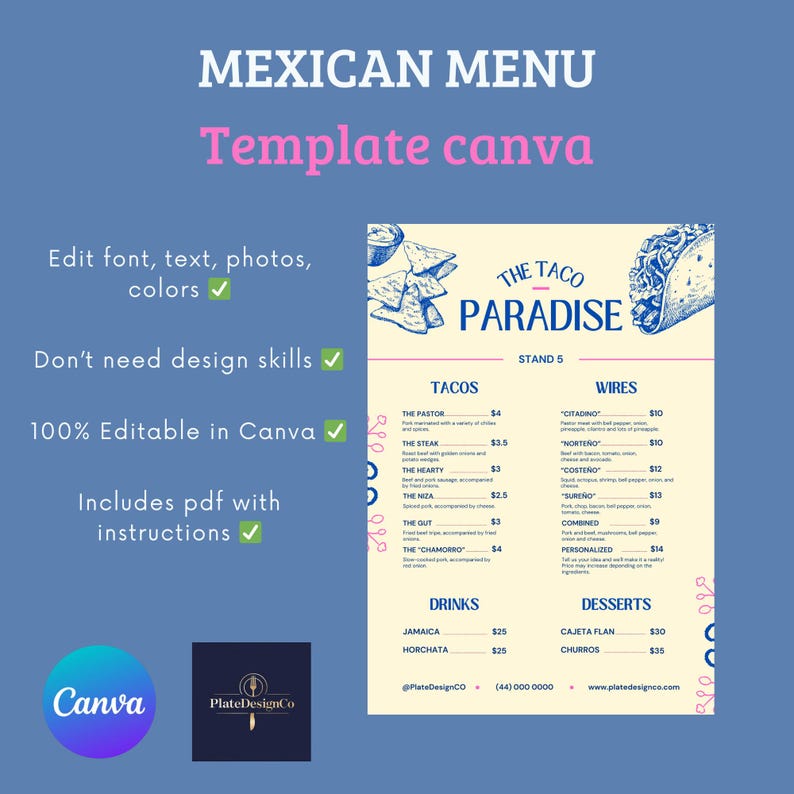 Editable Taco Menu Template, Printable Mexican Food Menu, Canva ...