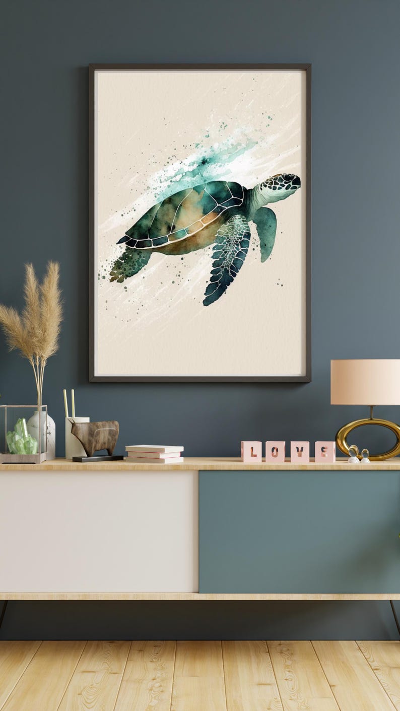 Majestic Sea Turtle Print | Ocean Wildlife Wall Art | Watercolor Marine ...