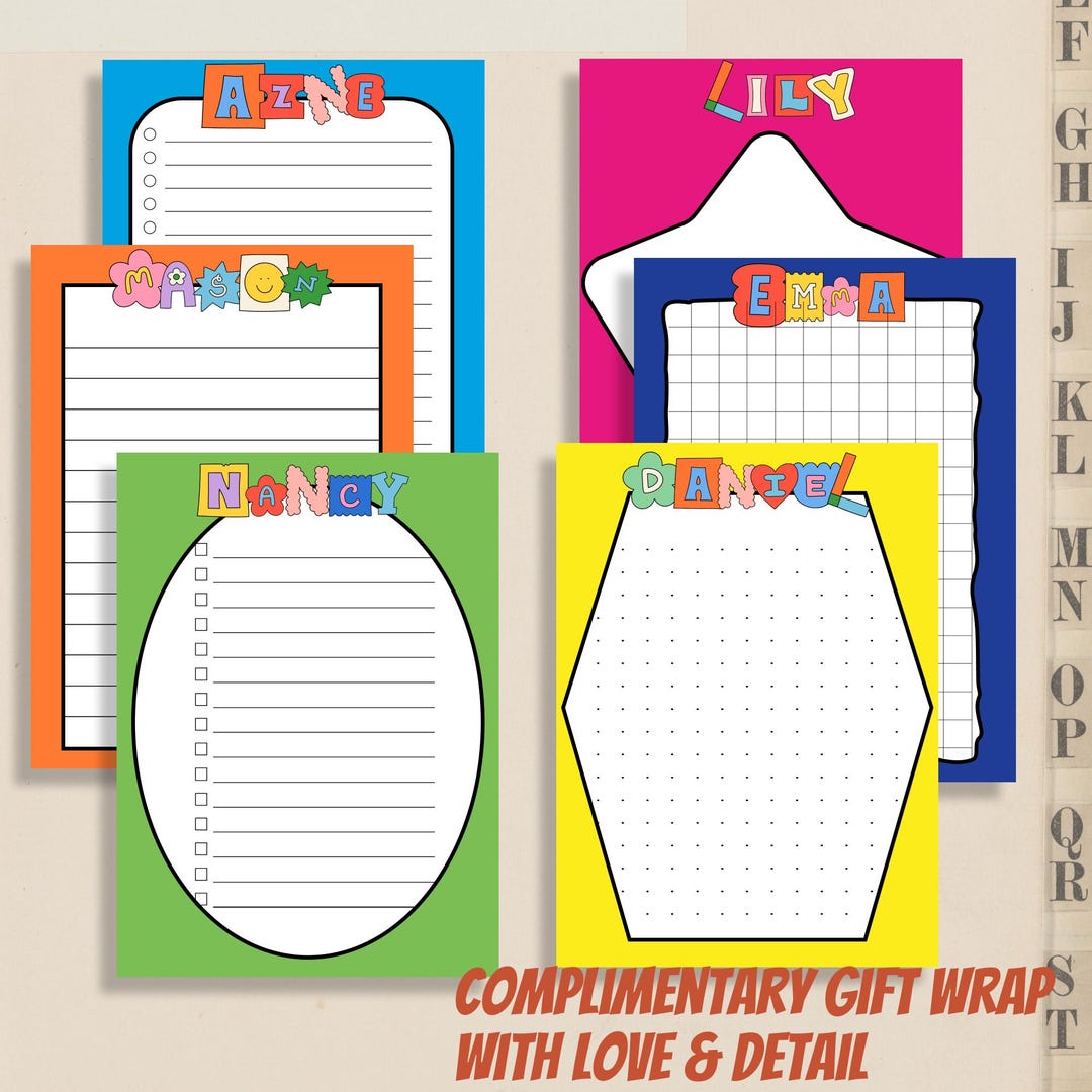 Custom Cartoon Font Notepad – Colorful Shapes & Name Gift Pad – Fun ...