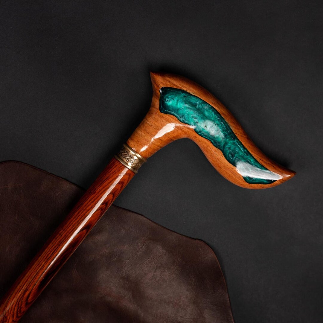 Handcrafted Rosewood Walking Cane With Green Resin Inlay & Brass Collar ...