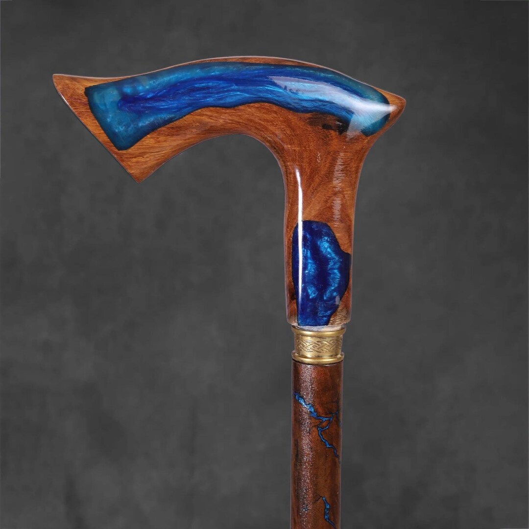 Handcrafted Rosewood Walking Cane: Blue Epoxy Inlay, Brass Accents - Etsy