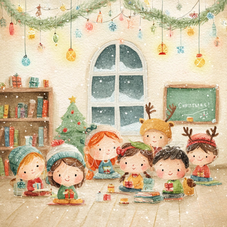 12 Christmas Classroom Clipart: Whimsical Holiday Scene, Christmas Kids ...
