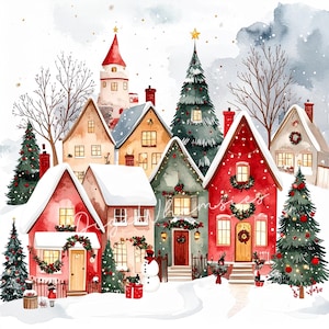 Watercolor Christmas Village Clipart: Whimsical Winter Town Jpgs ...