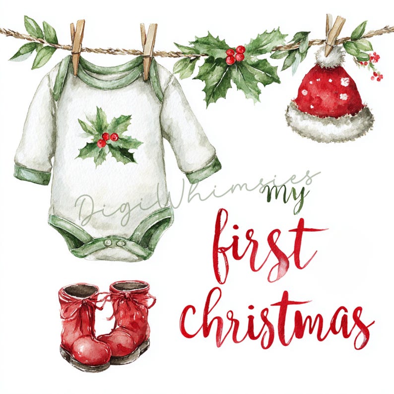 12 Baby's First Christmas Clipart: Baby Clothesline Holiday Jpgs, Card ...