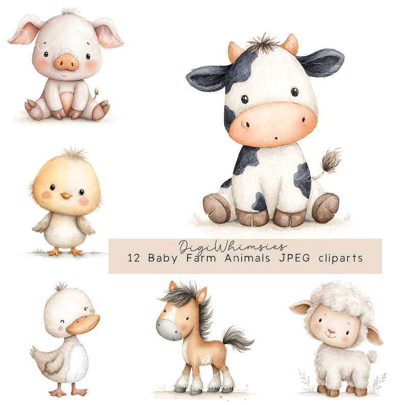 12 Baby Farm Animals Stand Alone Clipart Barn Nursery Baby Watercolor ...