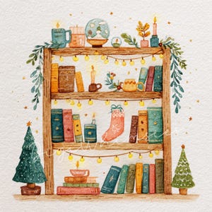 12 Christmas Bookshelf Clipart – Whimsical Holiday Library Bookish ...