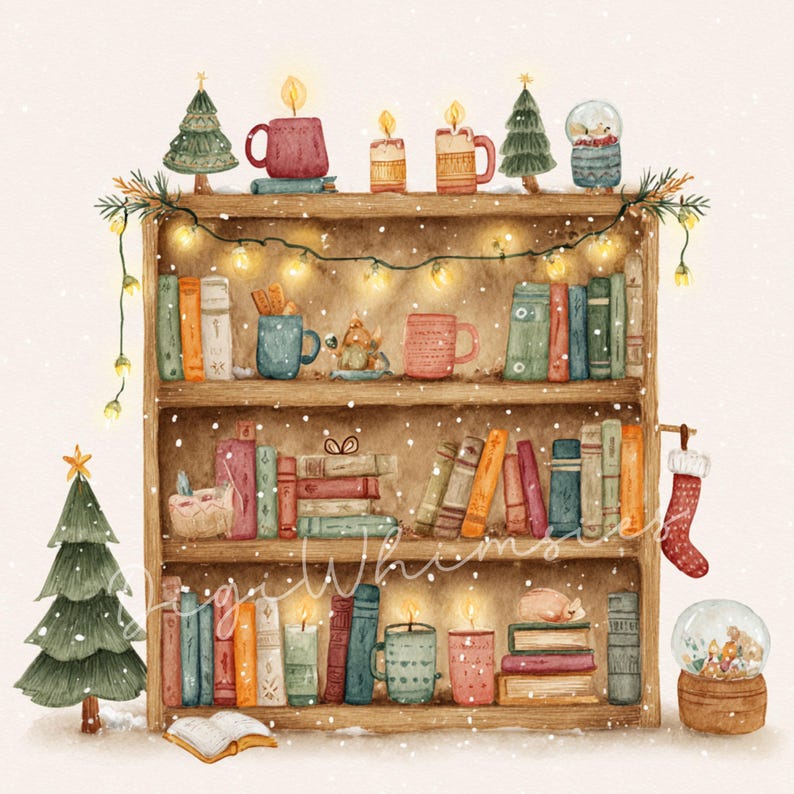 12 Christmas Bookshelf Clipart – Whimsical Holiday Library Bookish ...