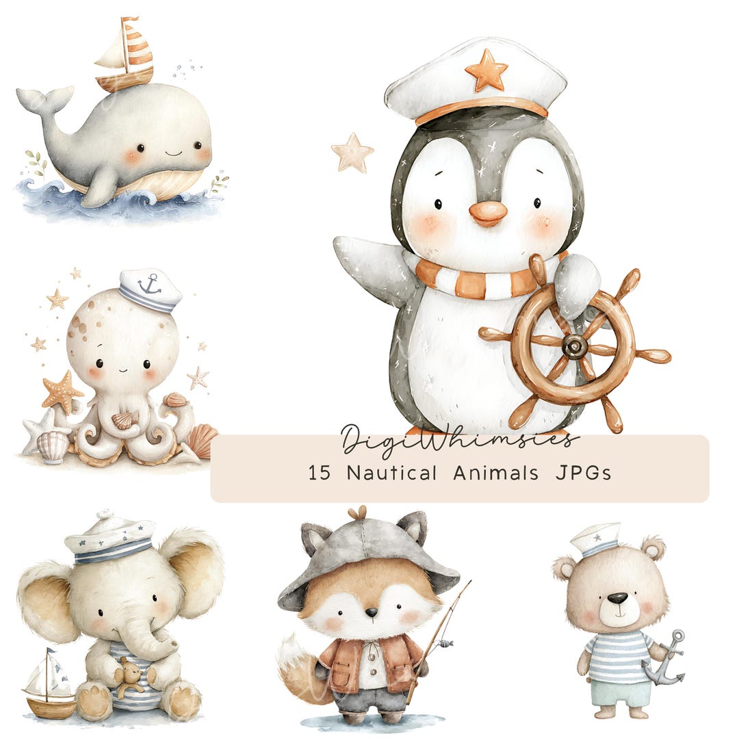 Nautical Animals Clipart Watercolor Cute Ocean Animal Nursery Art Baby ...