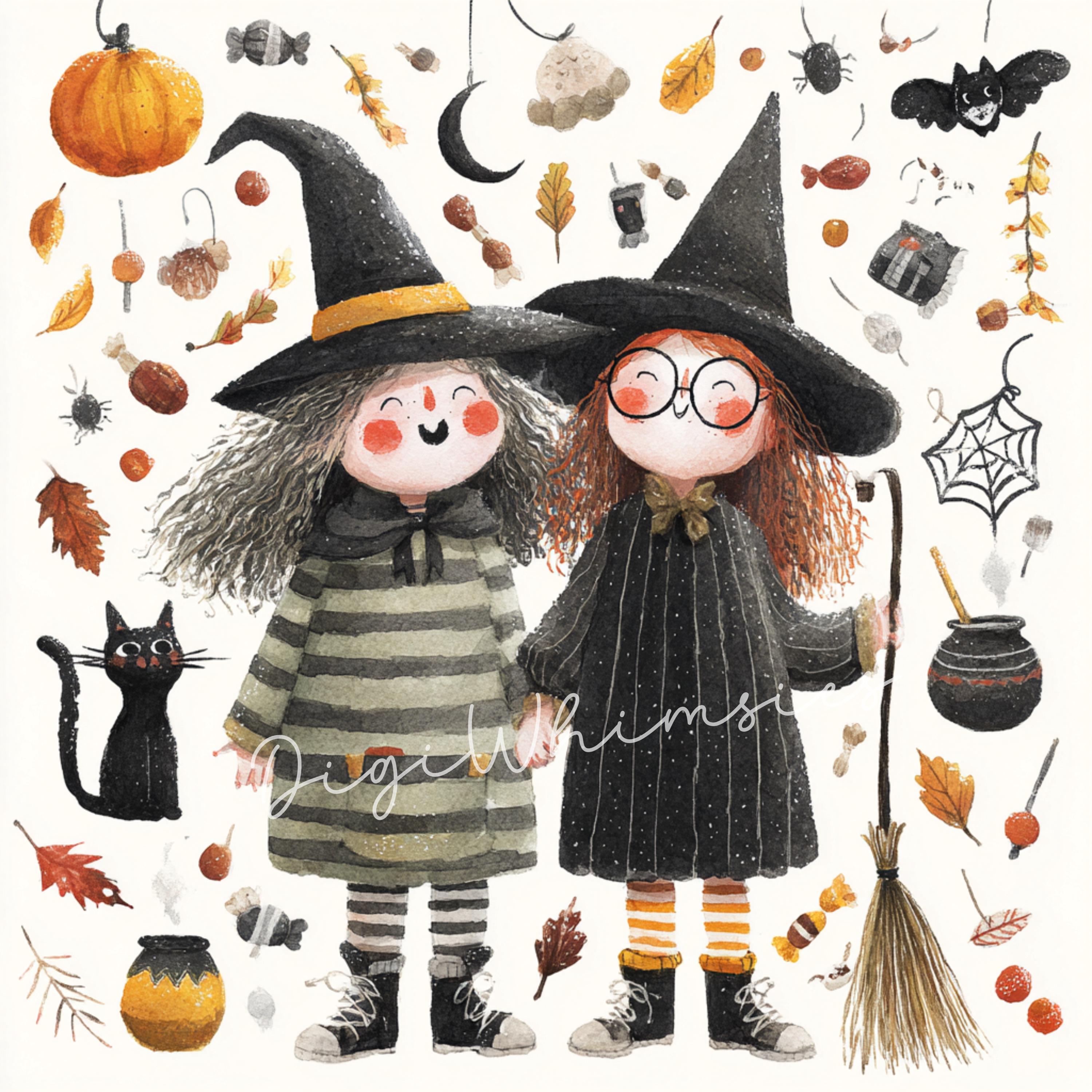 Halloween Witch Best Friends Clipart, Spooky Sisters Art (12 JPG ...