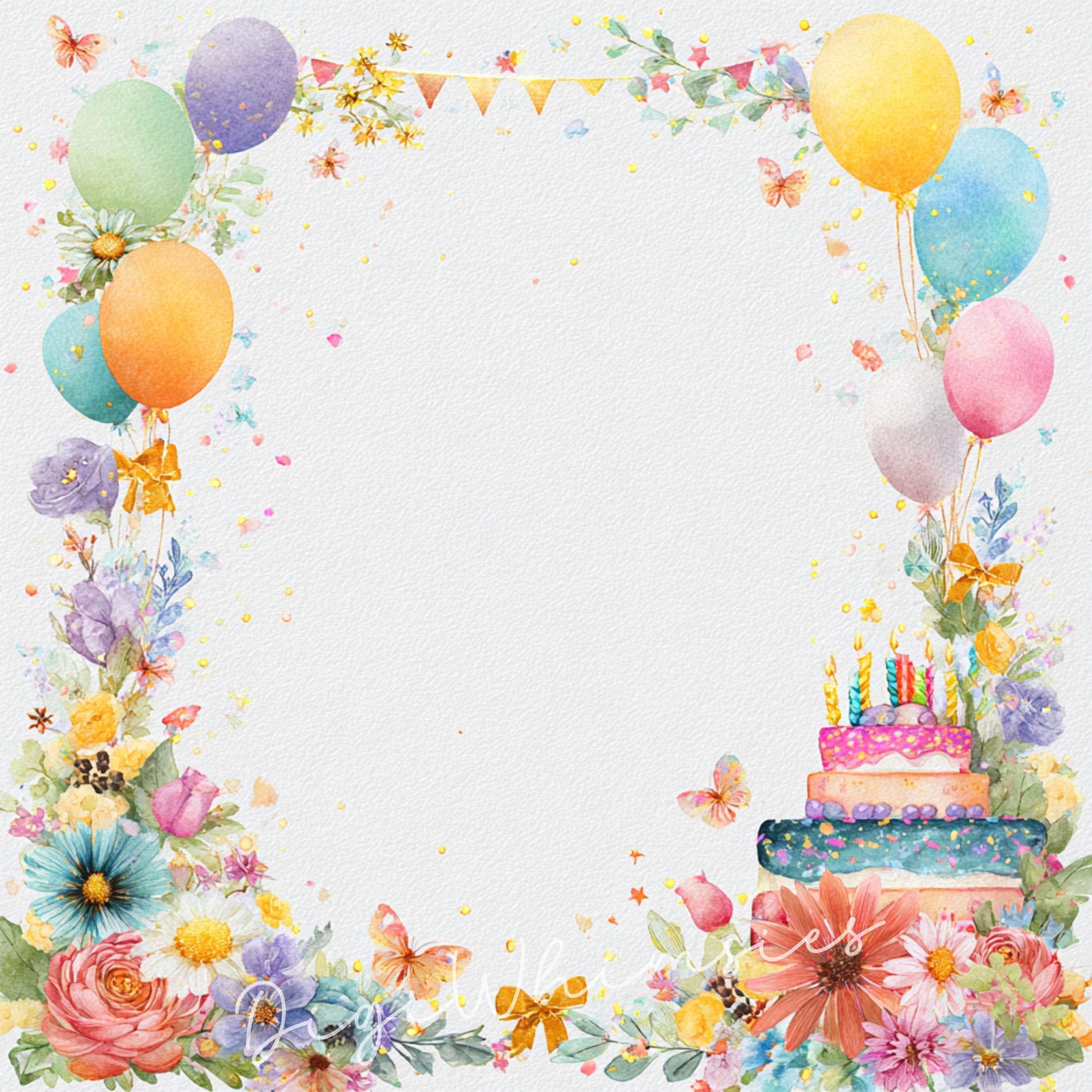 10 Birthday Frames Clip Art High Res Jpgs Watercolor Balloon Floral ...