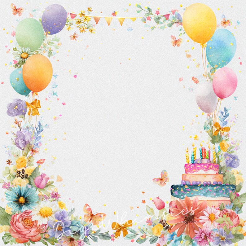10 Birthday Frames Clip Art High Res Jpgs Watercolor Balloon Floral ...