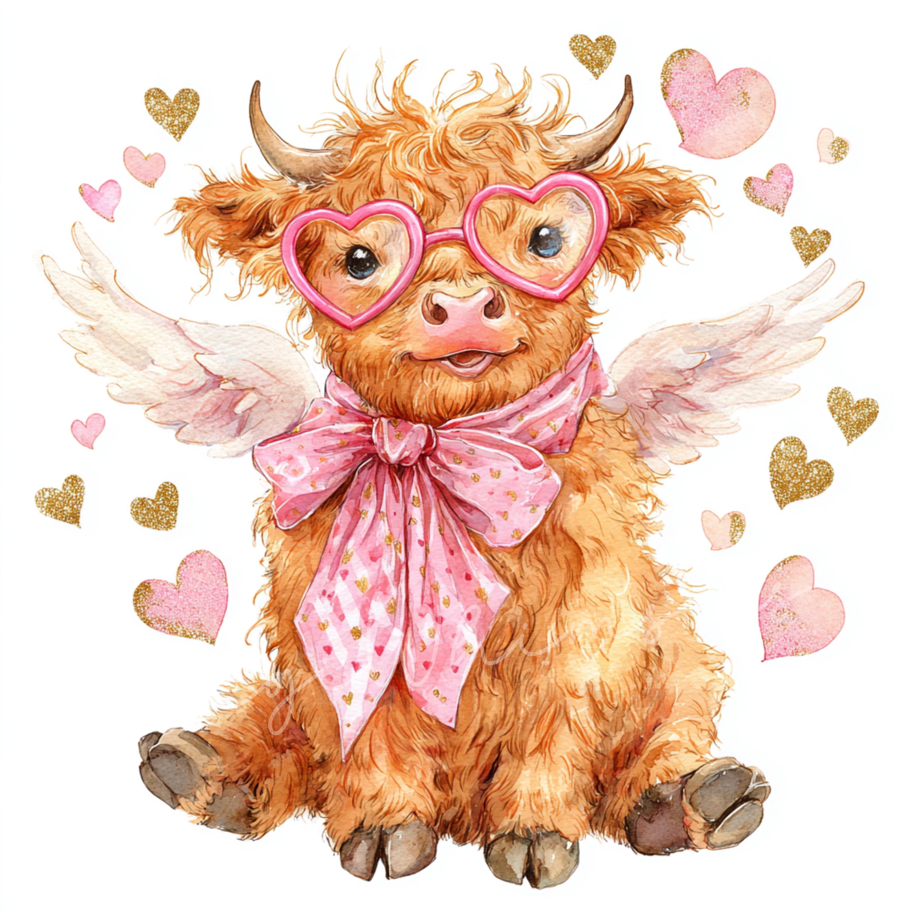 Valentine Cupid Highland Cow Clipart: Whimsical Heart's Day Graphics ...