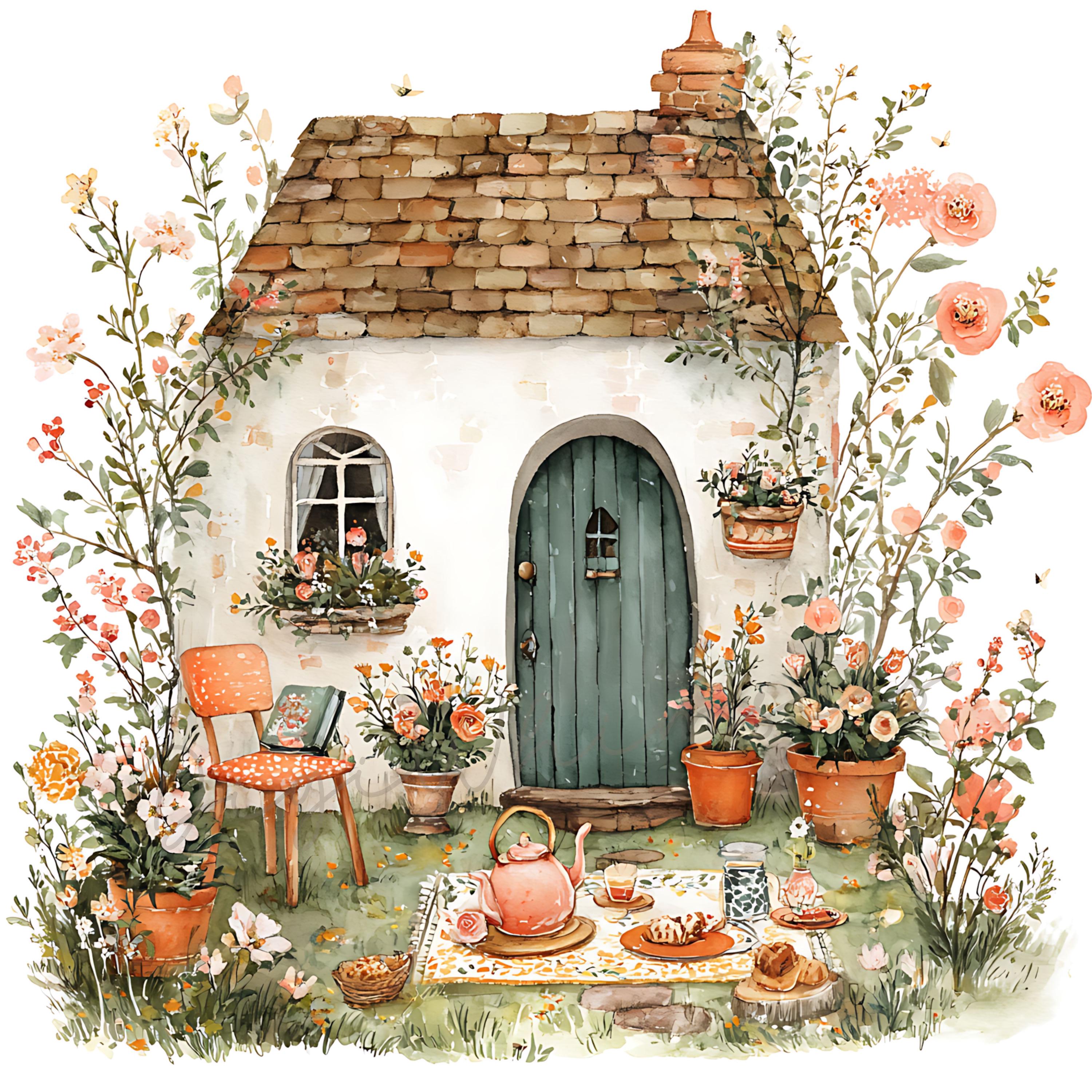 Cottagecore Picnic Clipart | Watercolor Spring Cottage, Tea Set ...