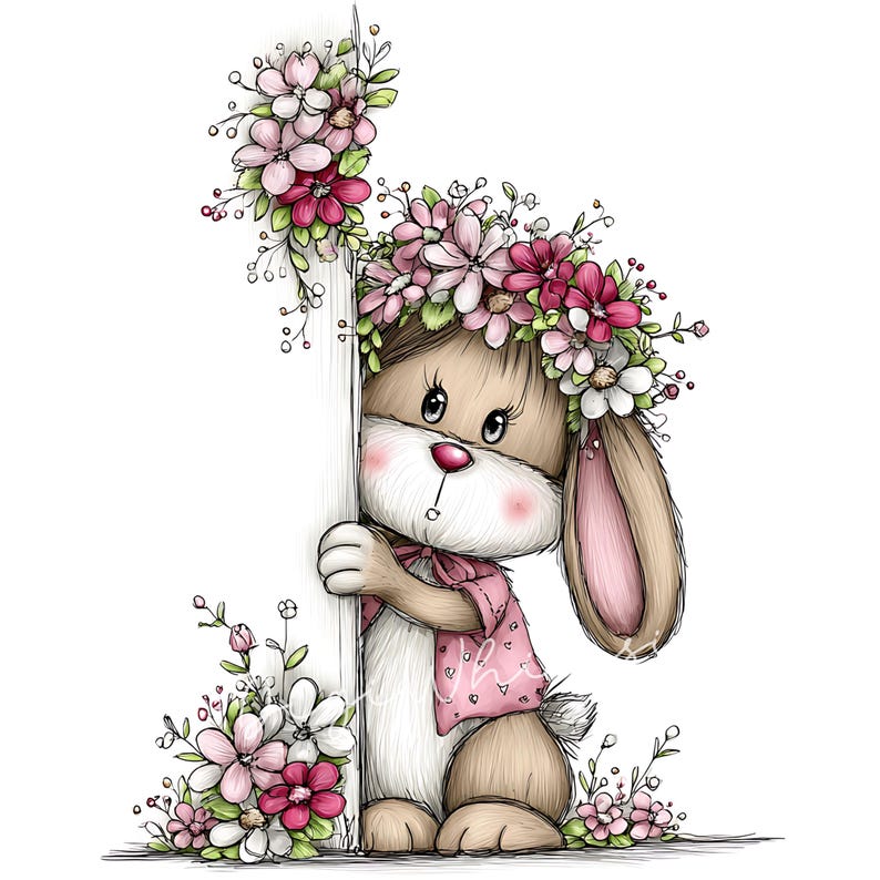 20 Peeking Quirky Bunny Clipart: Spring Flower Peeping Rabbit Graphics ...