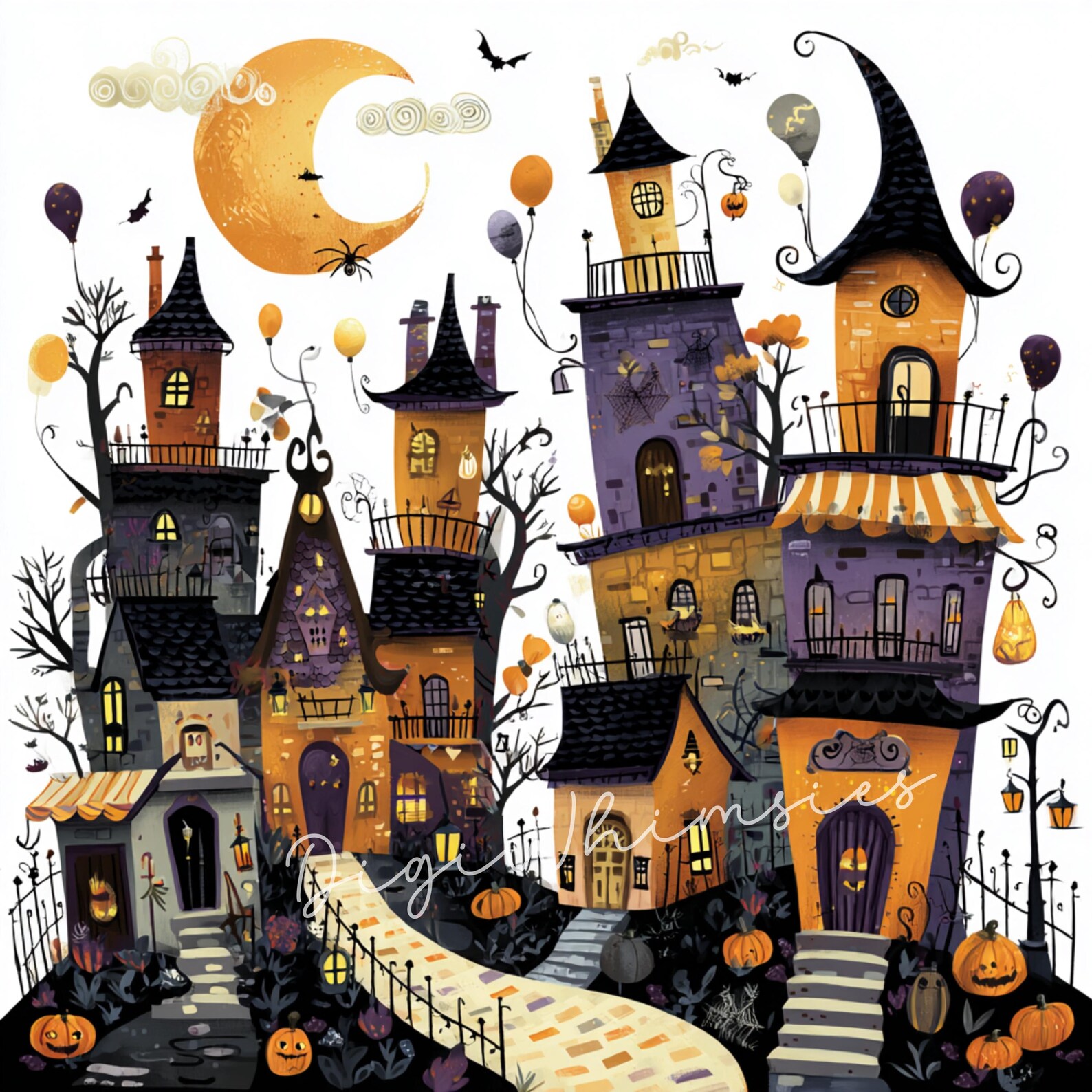 Halloween Village Clipart: Whimsical Haunted Town Watercolor (JPG ...