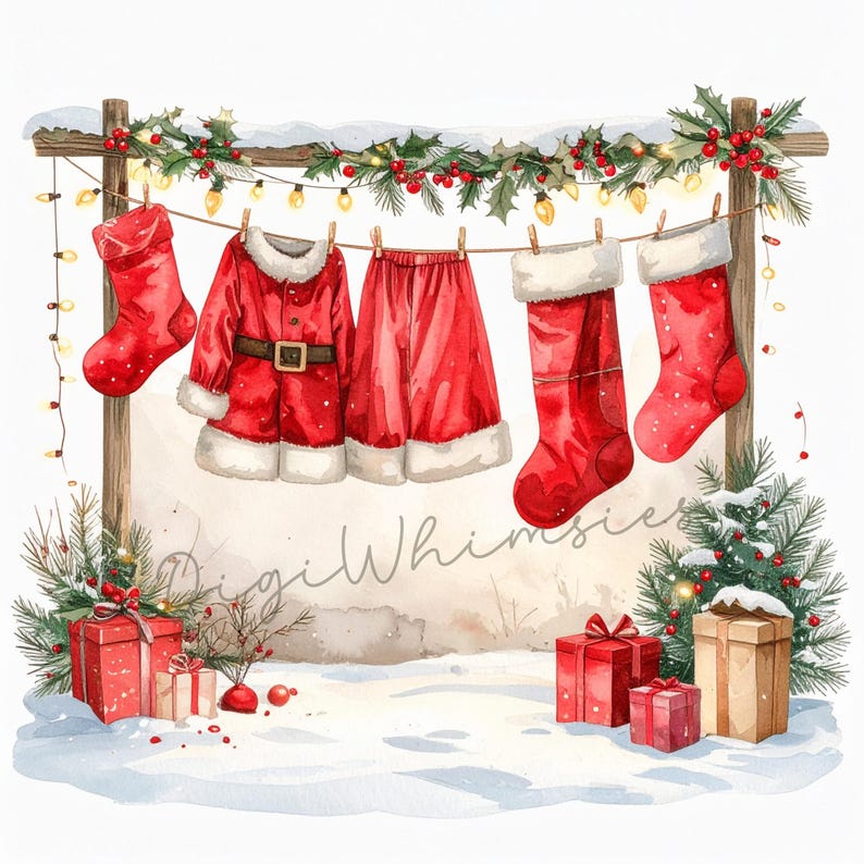 10 Santa Claus Clothesline Clipart – Whimsical Funny Christmas ...