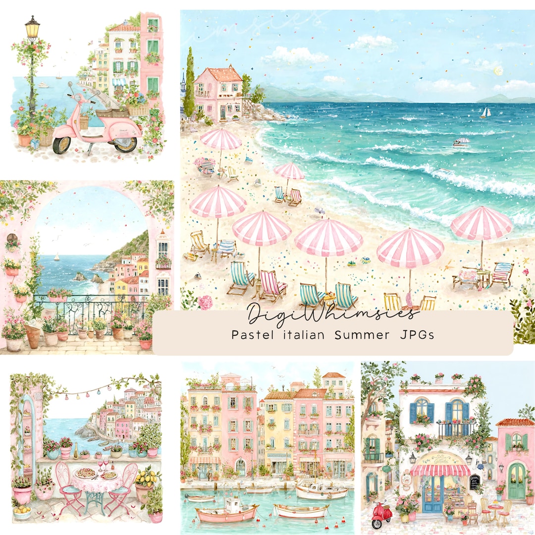 Pastel Italian Summer Clipart: Whimsical Pink Beach Vibes Sicilly Lemon ...
