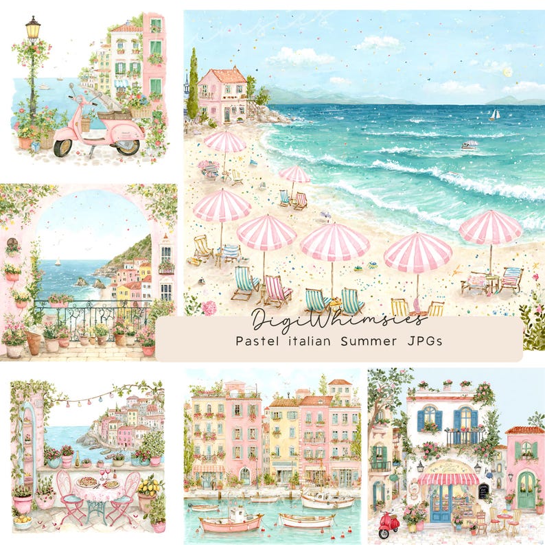 Pastel Italian Summer Clipart: Whimsical Pink Beach Vibes Sicilly Lemon ...