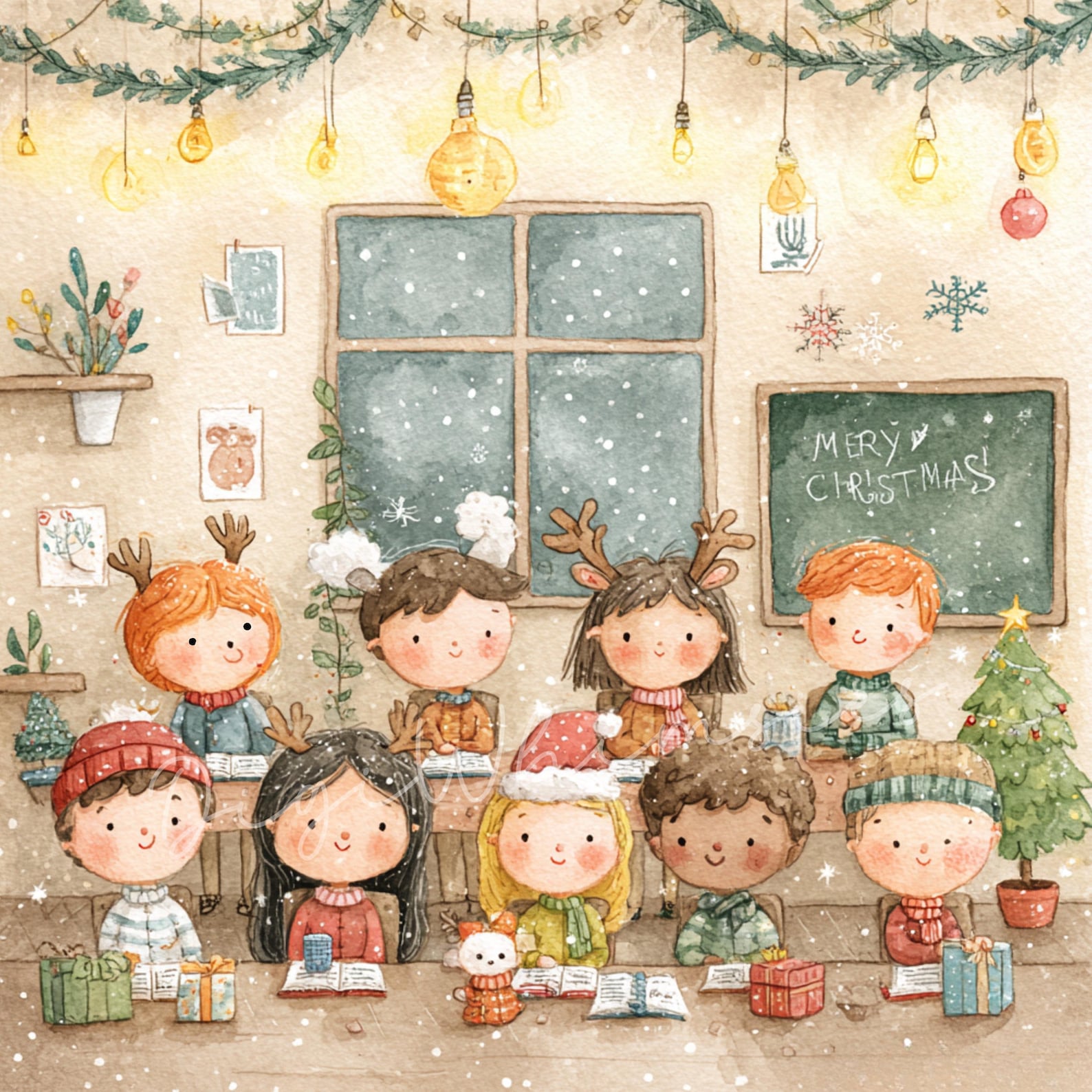 12 Christmas Classroom Clipart: Whimsical Holiday Scene, Christmas Kids ...