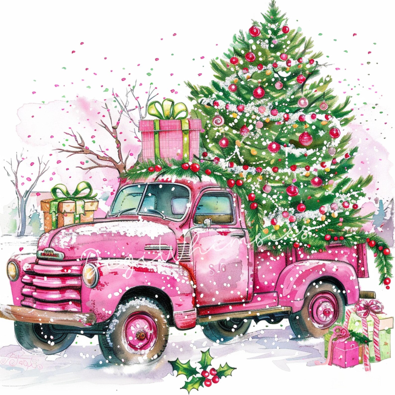 12 Pink Christmas Truck Clipart – Whimsical Coquette Classic Holiday ...