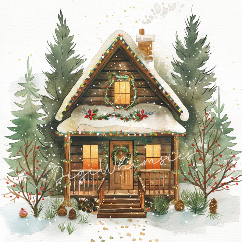 12 Classic Christmas Cottage Clipart Watercolor Cottagecore Winter ...