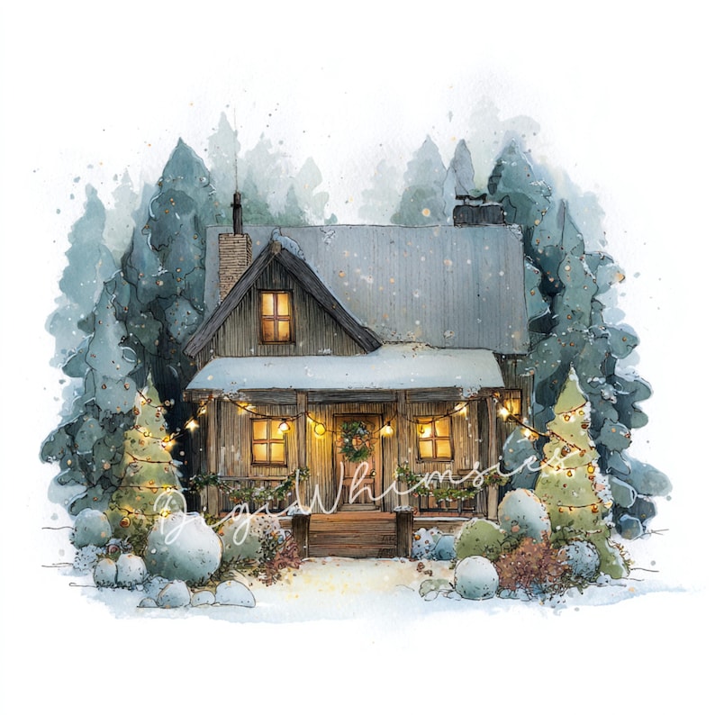 12 Classic Christmas Cottage Clipart Watercolor Cottagecore Winter ...