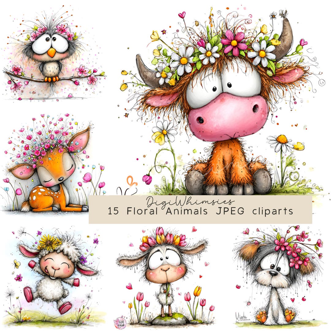 15 Funny Spring Baby Animals Clipart, Quirky Floral Nursery Art ...