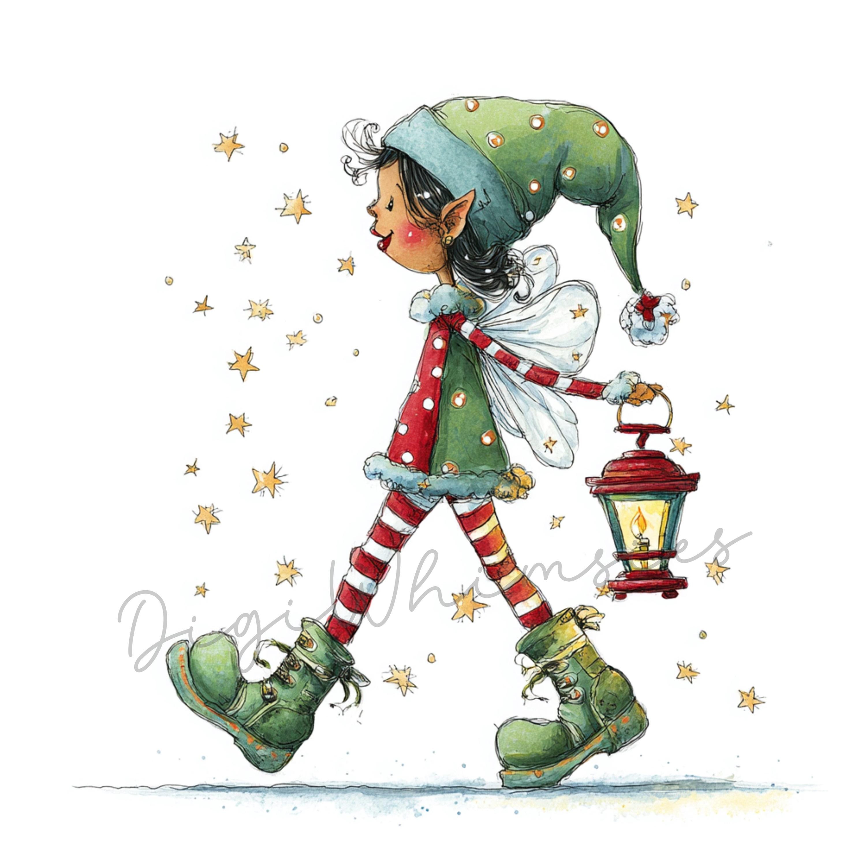 Quirky Christmas Elf Lantern Clipart: Magical Holiday Ephemera, Card ...