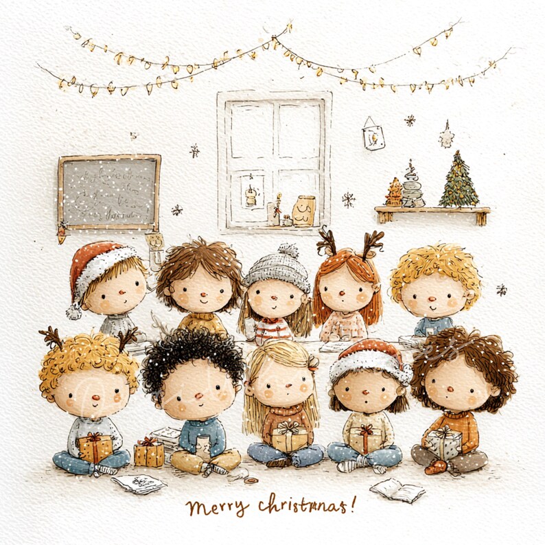 12 Holiday Classroom Clipart: Whimsical Christmas Scene, Christmas Kids ...