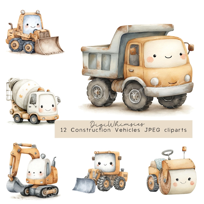 12 Construction Vehicles Clipart Nursery | Baby Trucks Watercolor ...