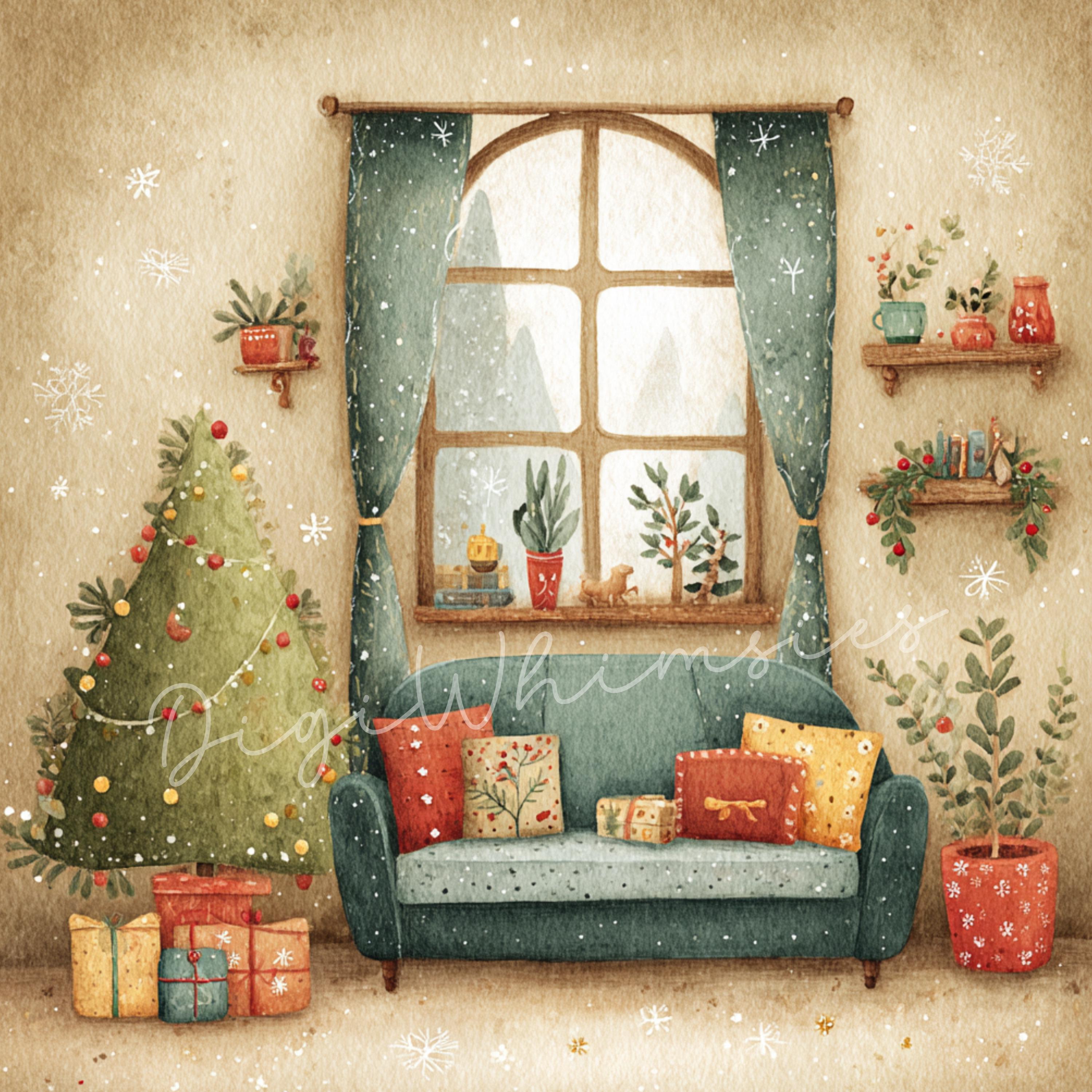 12 Christmas Living Room Clipart: Whimsical Holiday Scene, Christmas ...