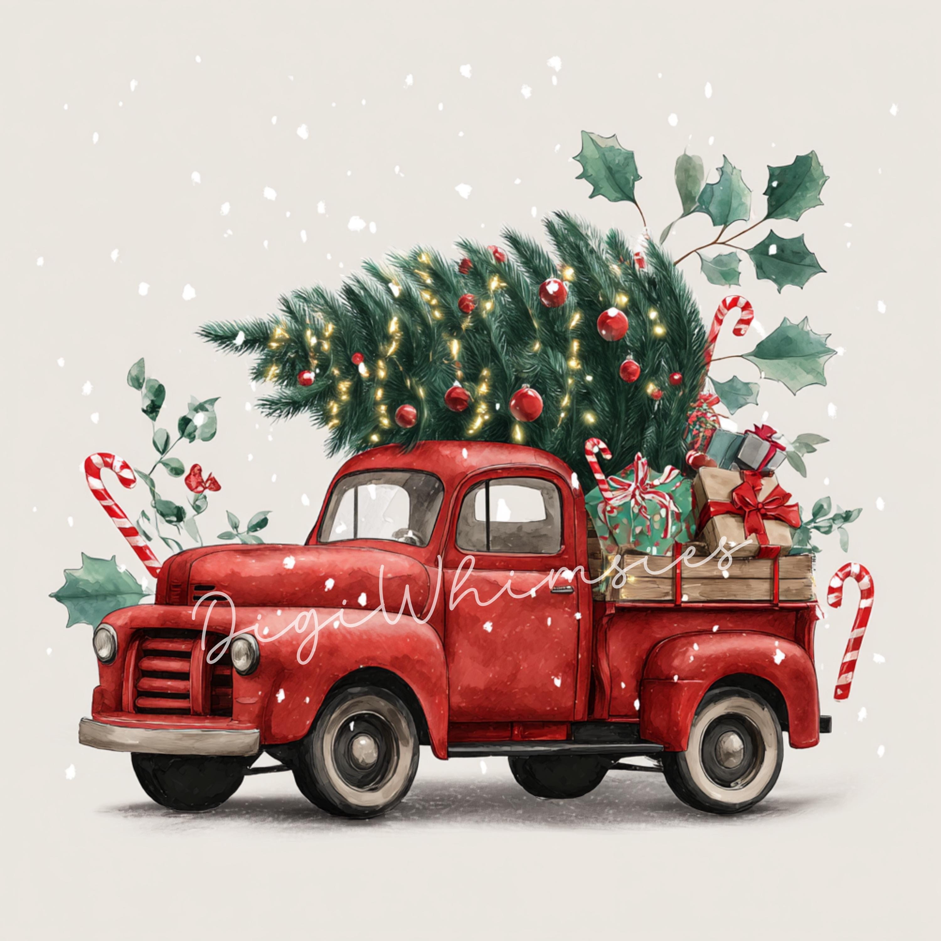 12 Red Christmas Truck Clipart – Whimsical Classic Holiday Jpgs Digital ...