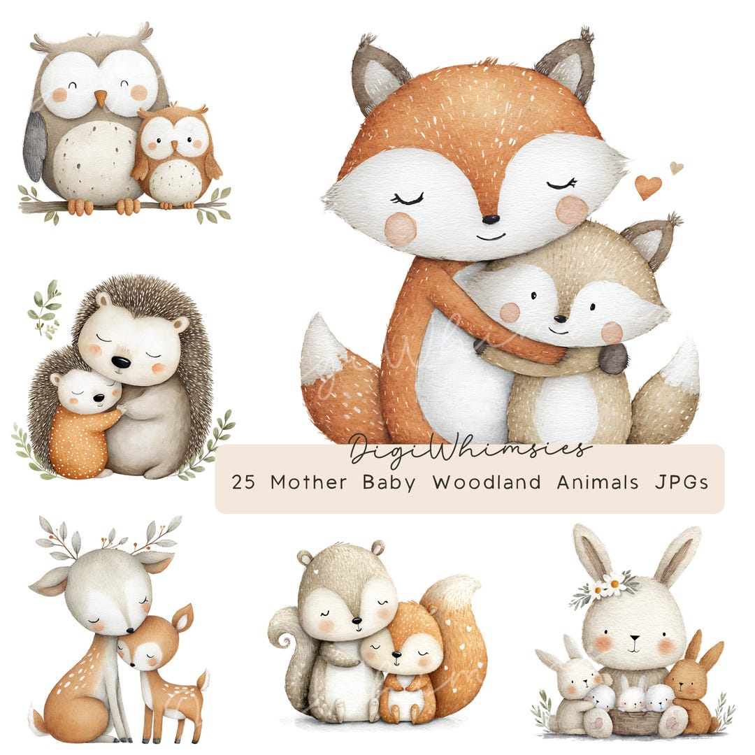 Mother & Baby Woodland Animals Clipart Nursery Art Watercolor Mother's ...