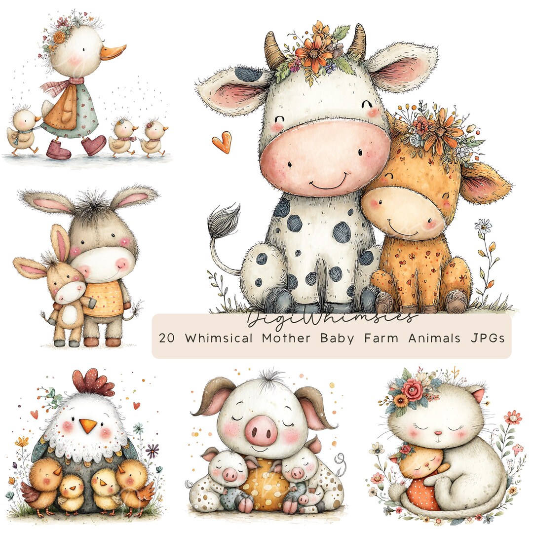 Mother Baby Farm Animals Clipart Watercolor Barnyard Nursery Art Mother ...