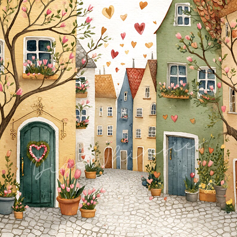 20 Valentine Village Clipart: Winter Town, Romantic Village Heart ...