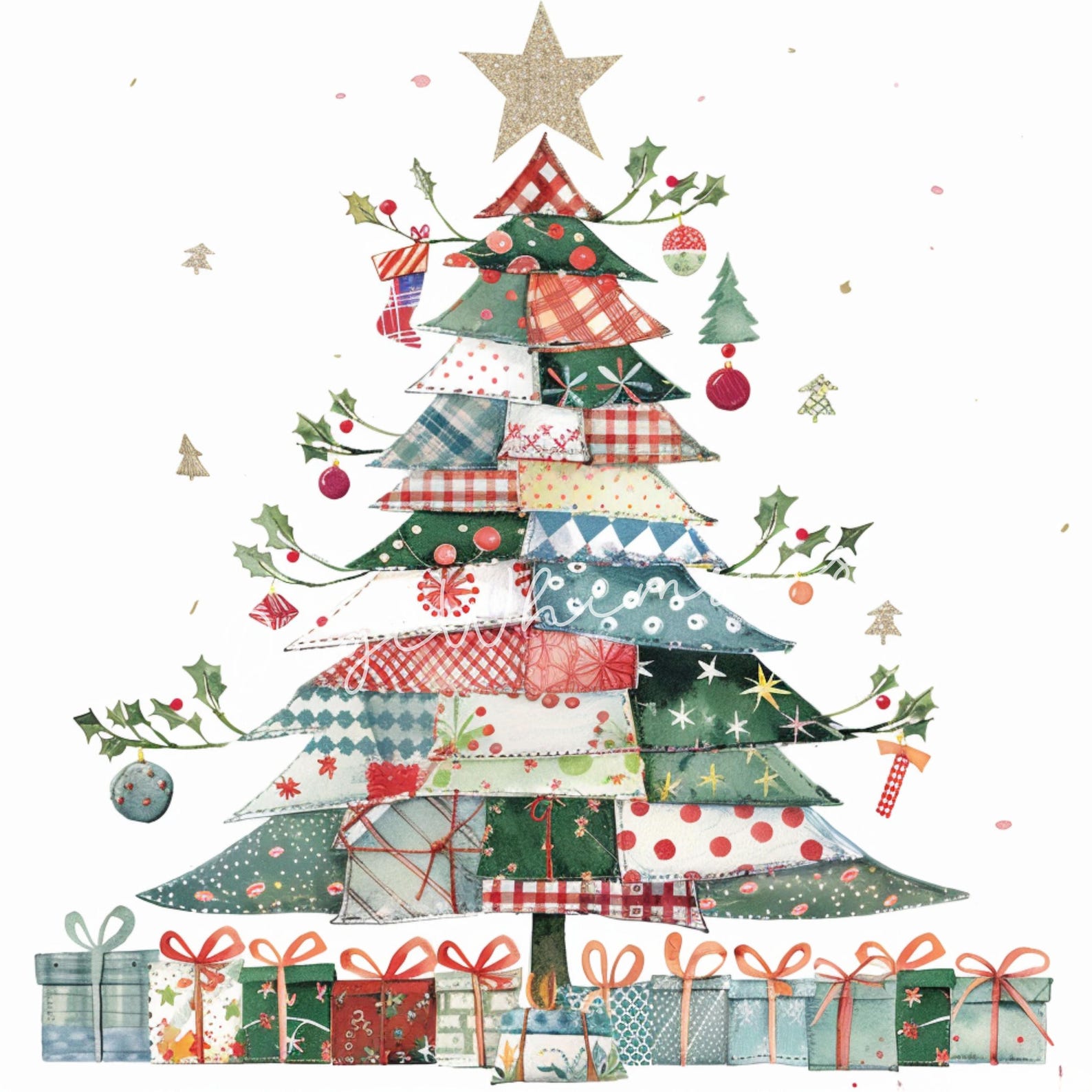 12 Christmas Tree Patchwork Clipart – Whimsical Watercolor Holiday Tree ...