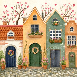 20 Valentine Village Clipart: Winter Town, Romantic Village Heart ...