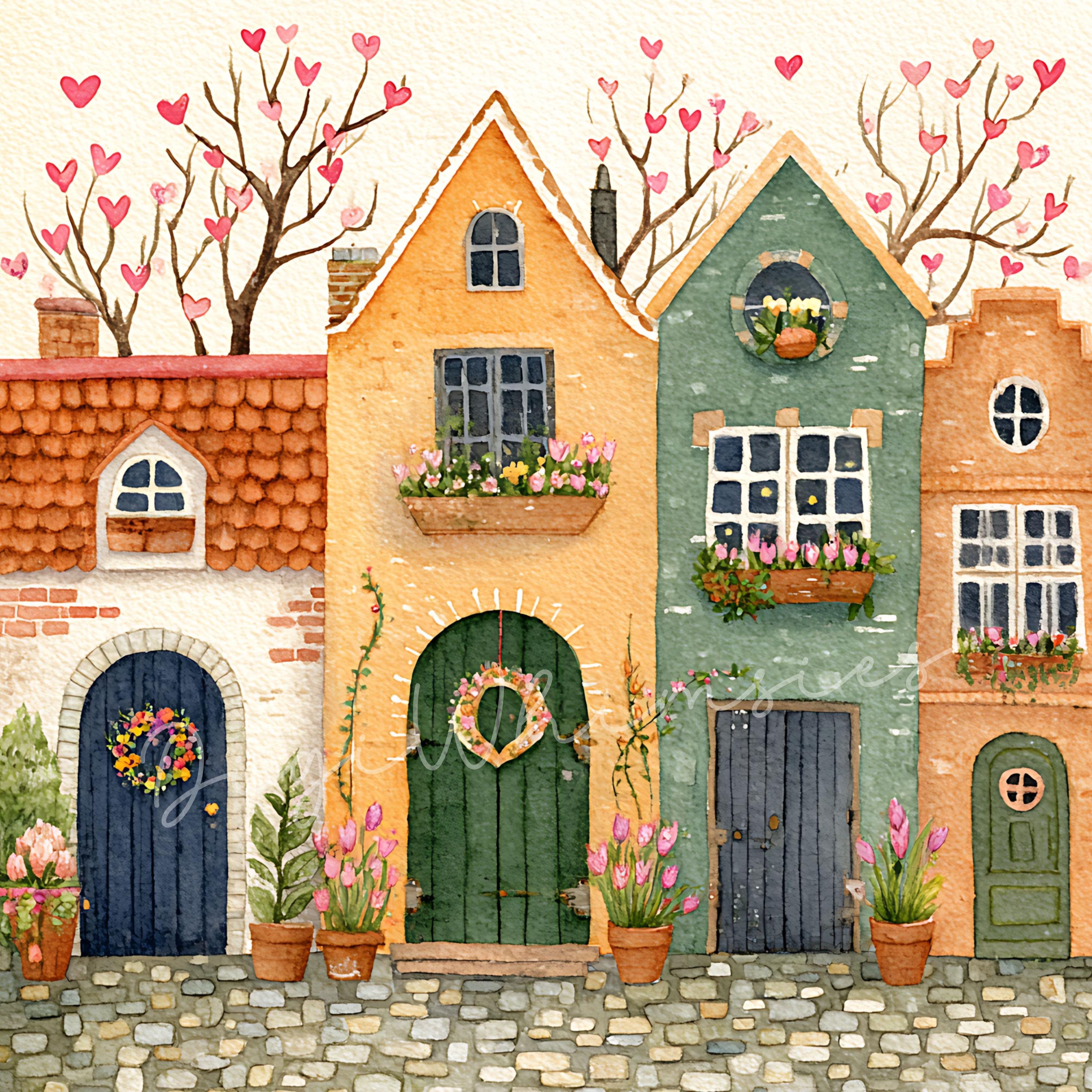 20 Valentine Village Clipart: Winter Town, Romantic Village Heart ...