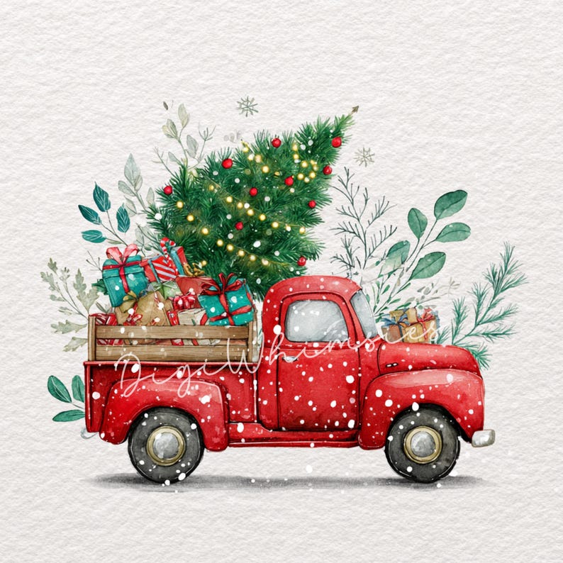 12 Red Christmas Truck Clipart – Whimsical Classic Holiday Jpgs Digital ...