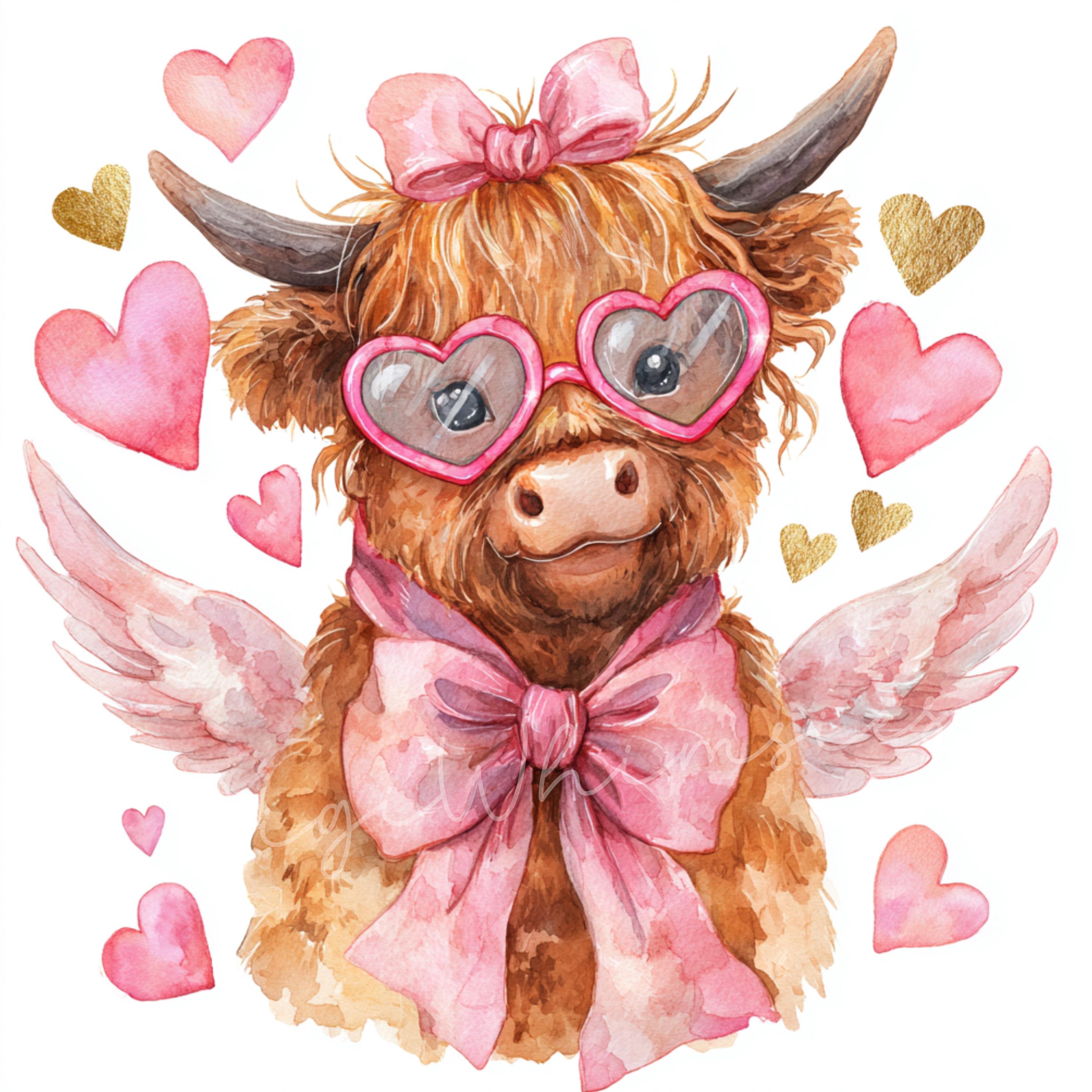Valentine Cupid Highland Cow Clipart: Whimsical Heart's Day Graphics ...