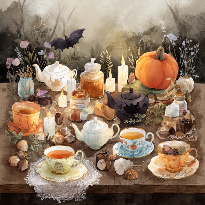 10 Halloween Tea Party Clipart: Spooky Teapots, Pumpkins (12x12 Jpgs ...