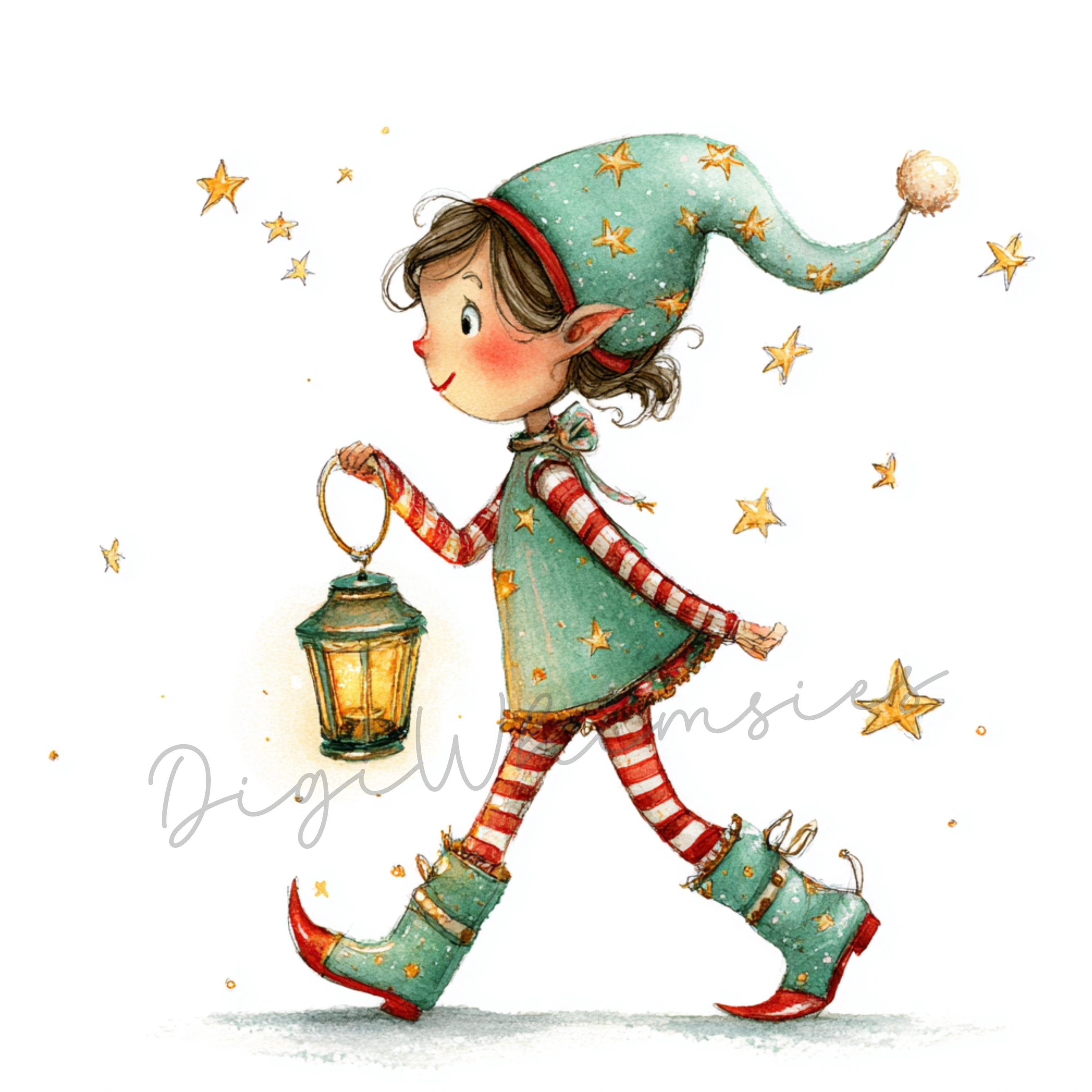 Quirky Christmas Elf Lantern Clipart: Magical Holiday Ephemera, Card ...