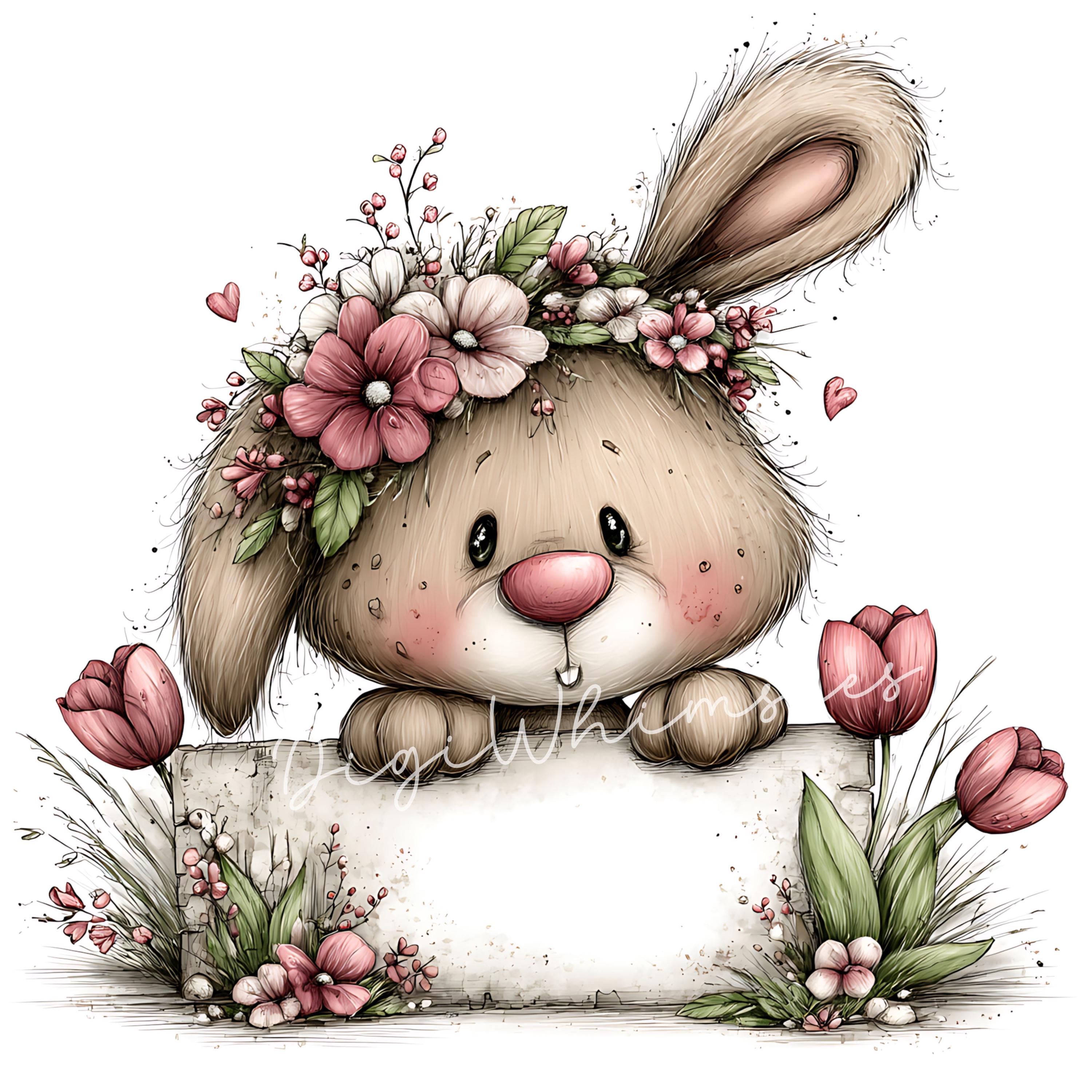 20 Peeking Quirky Bunny Clipart: Spring Flower Peeping Rabbit Graphics ...