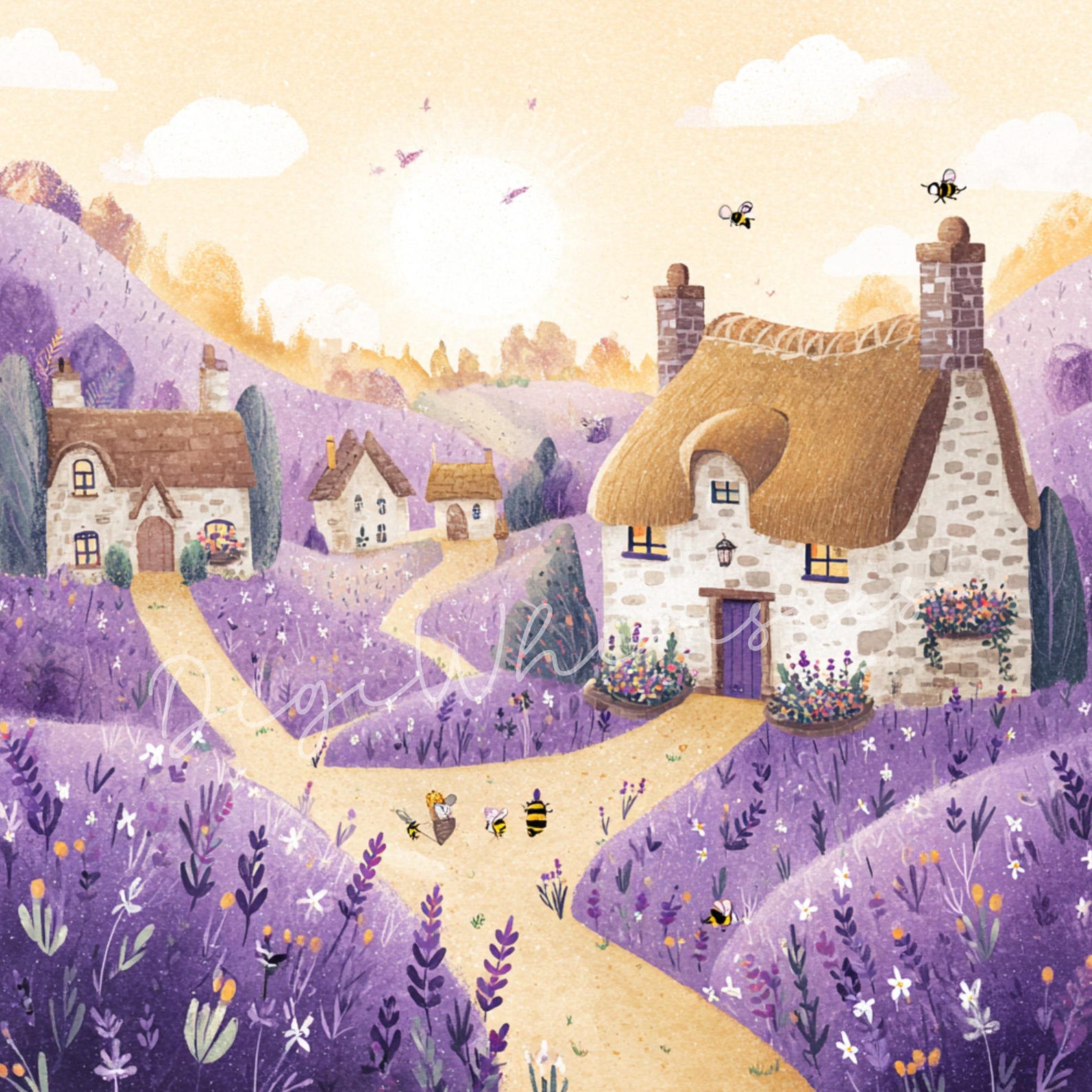 12 Lavender Fields Village Clipart: Whimsical Cottagecore Purple Floral ...