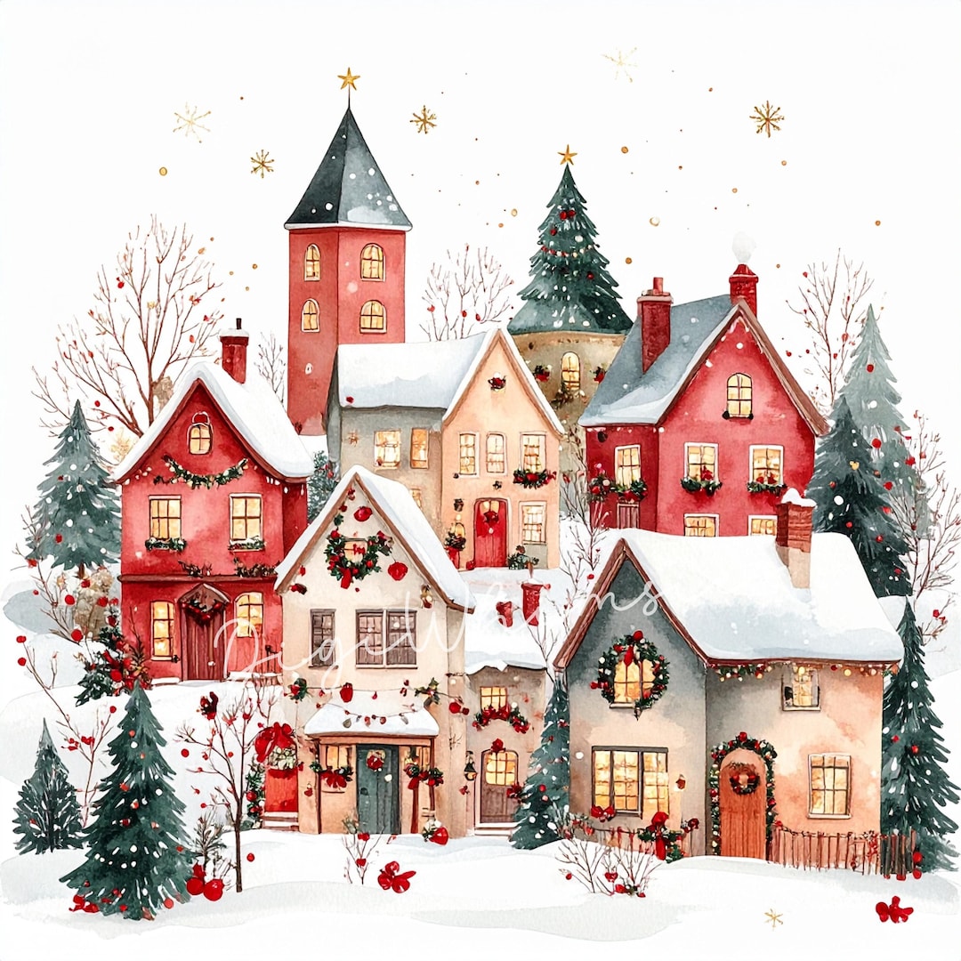Watercolor Christmas Village Clipart: Whimsical Winter Town Jpgs ...