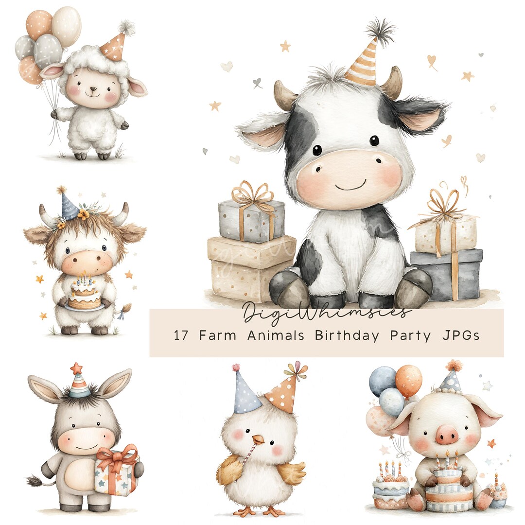 Farm Animals Birthday Clipart Watercolor Baby Barnyard Party Animals ...