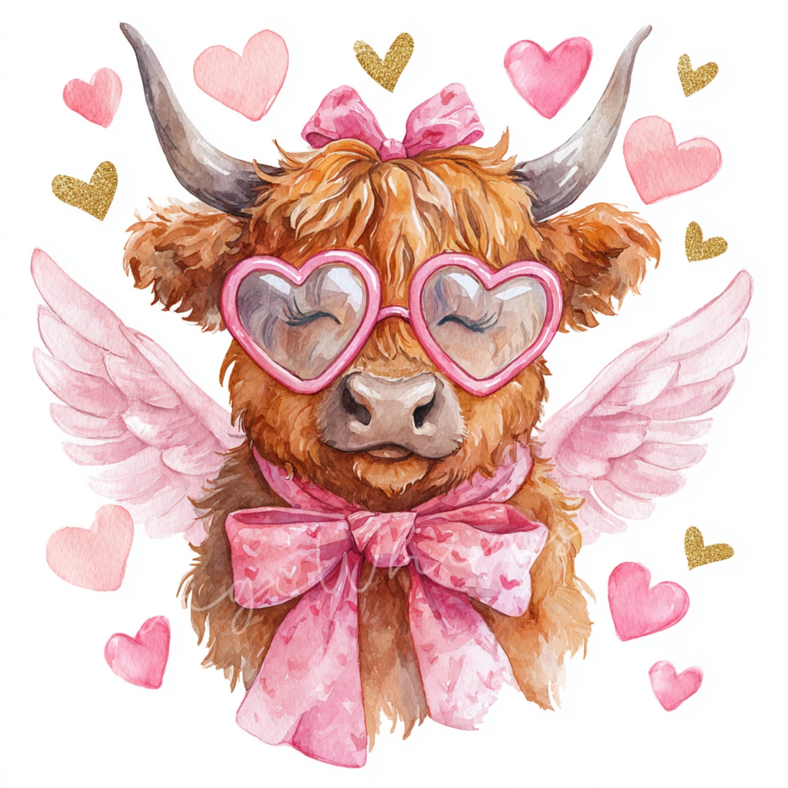 Valentine Cupid Highland Cow Clipart: Whimsical Heart's Day Graphics ...