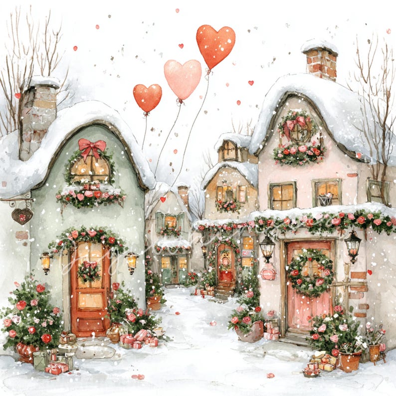 12 Valentine Village Clipart: Winter Town, Heart Ephemera (JPG Digital ...